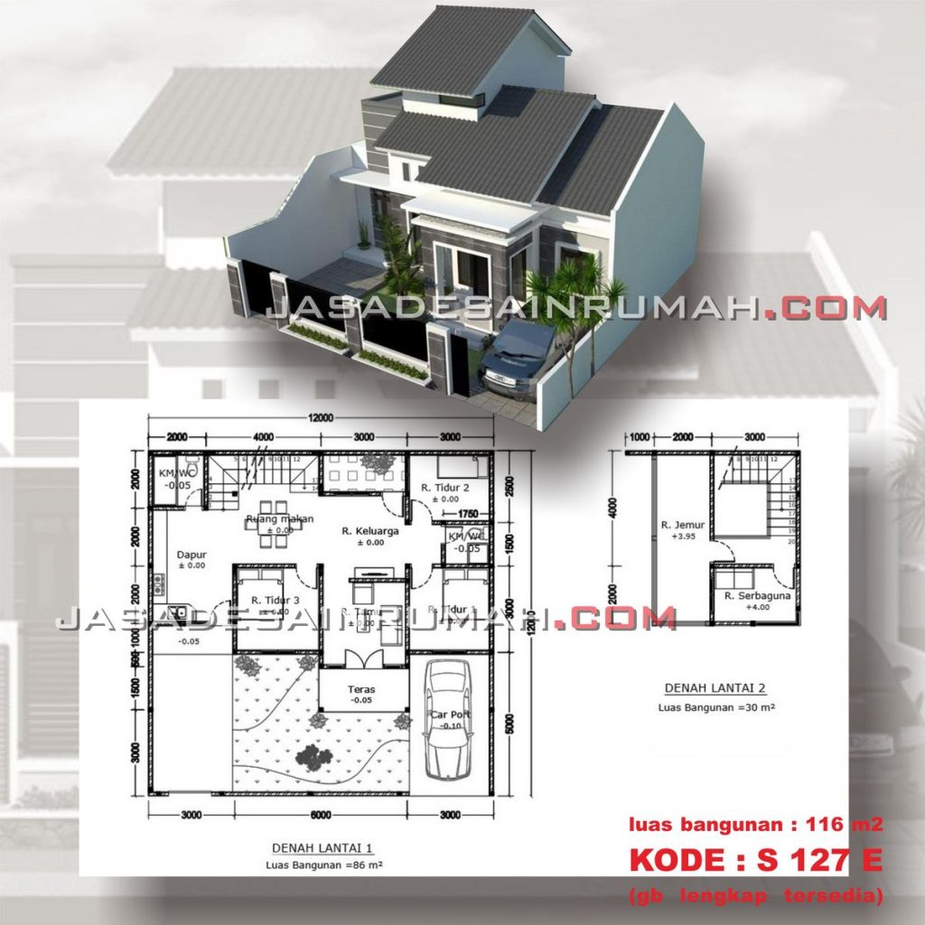 Desain Hunian Minimalis Lebar 12 meter dengan Tambahan Ruang Lantai 2 ...